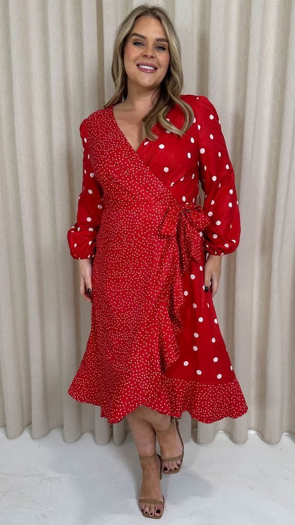 CurveWow Spliced Polkadot Frill Hem Wrap Dress Red – Curvewow