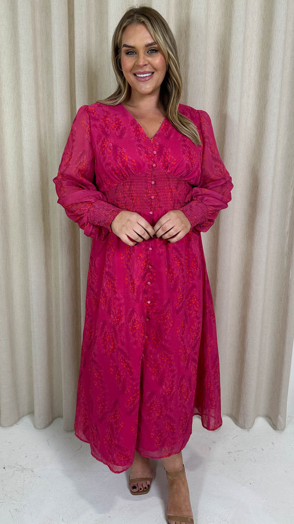 CurveWow Button Front Maxi Dress Magenta Floral – Curvewow