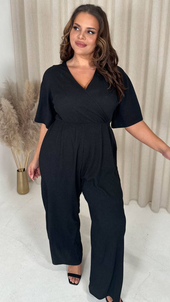 CurveWow Textured Angel Sleeve Wrap Wide Leg Jumpsuit Black – Curvewow