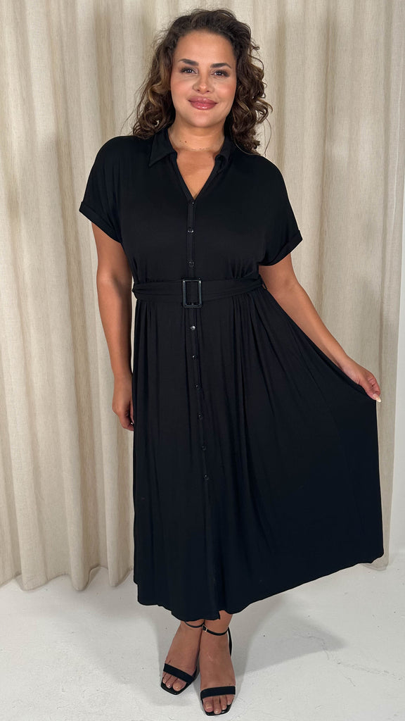 CurveWow Drop Shoulder Mock Placket Collar Midi Dress Black – Curvewow