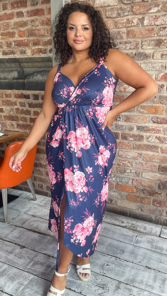 CurveWow Wrap Maxi Dress Navy Pink Floral – Curvewow