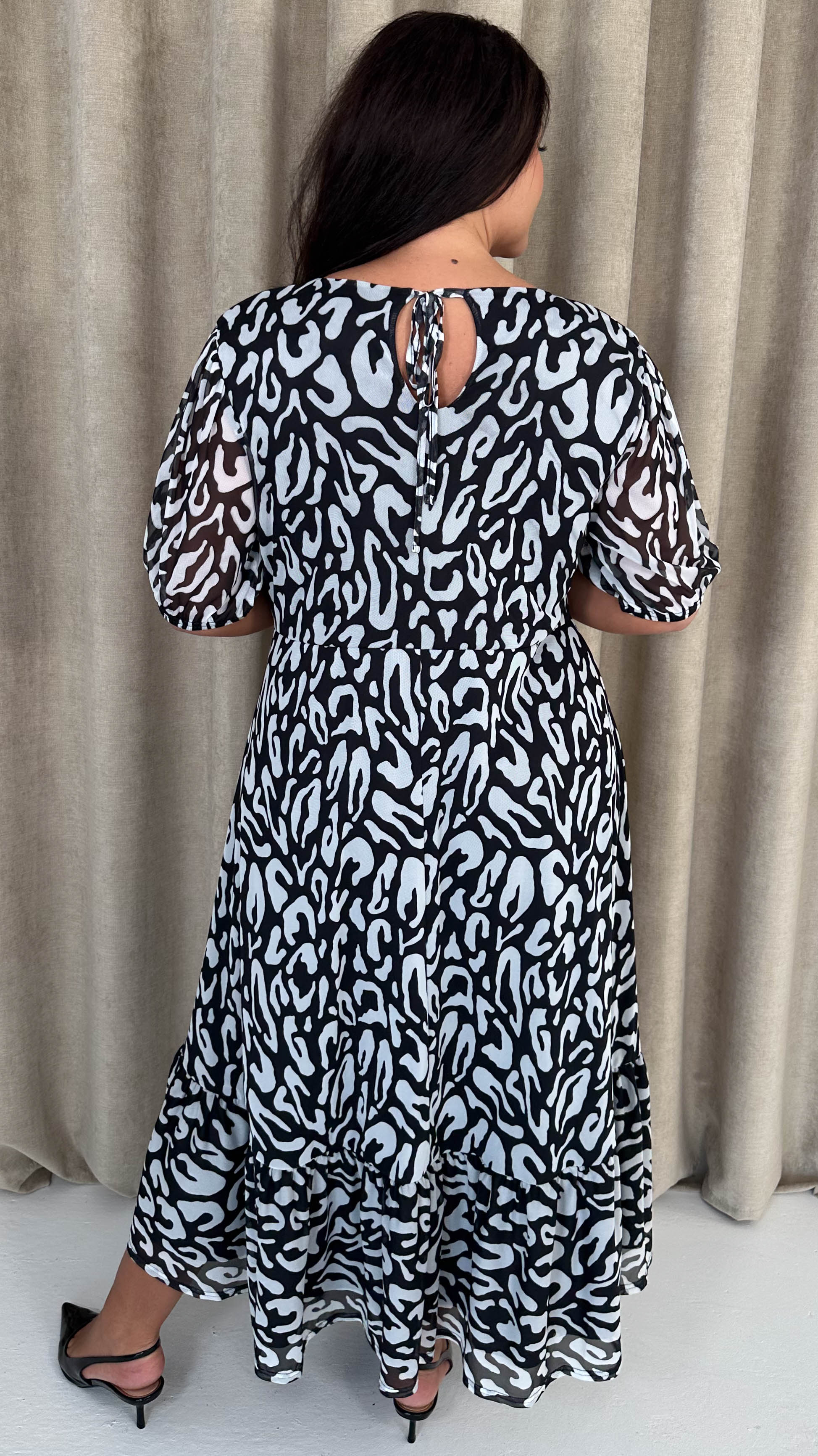 CurveWow Mesh Puff Sleeve Dress Black Leopard