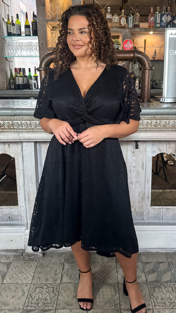 CurveWow Lace Dipped Hem Knot Front Dress Black – Curvewow