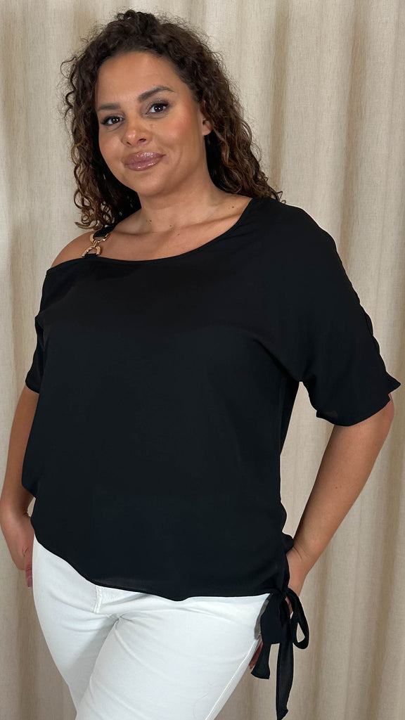 CurveWow Gold Shoulder Trim Tie Hem Top Black – Curvewow